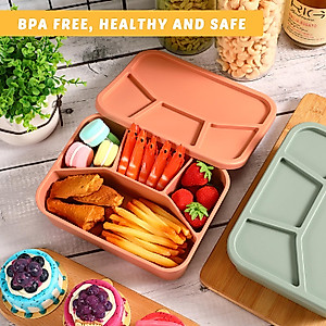 Baderke 2 Pcs Leak Proof Silicone Bento Box Lunchbox with 4 Compartments Reusable Lunch Containers Bento Box for Kids Adults Microwave Dishwasher Freezer Christmas Gift