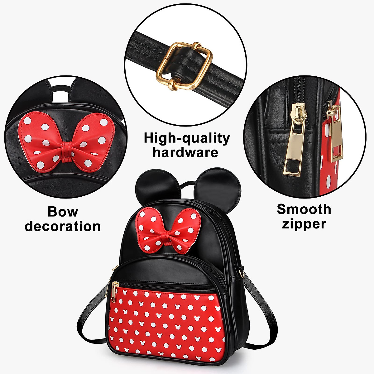 Dksyee Cute Red Backpack for Girl Bowknot Polka Dot Mini Mouse Leather Backpacks for Toddler Little Girl Backpack Kids Small Travel Backpack Convertible Shoulder Bag Purse for Women Children Daypack