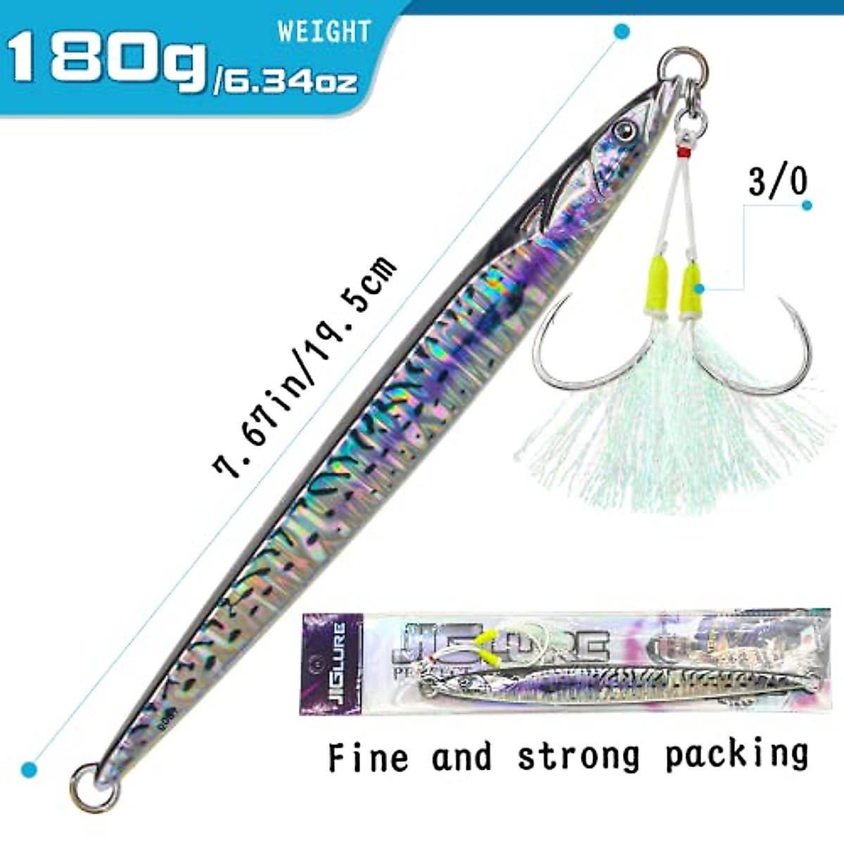 Gefischtter Fishing Jigs Vertical Saltwater Jigs Metal Jigging Spoon Slow Jigging Pitching Fishing Lures with Assist Hooks for Tuna,Bass,Dogtooth,Grouper/200g (Sliver 6.35oz)
