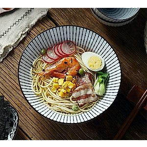 QINLANG 38 oz Japanese Ramen Bowls, Cereal Bowls, Soup Bowls, Pho Bowls, Noodle Bowls, Blue and White Ceramic Bowls Set of 4, 8 inches