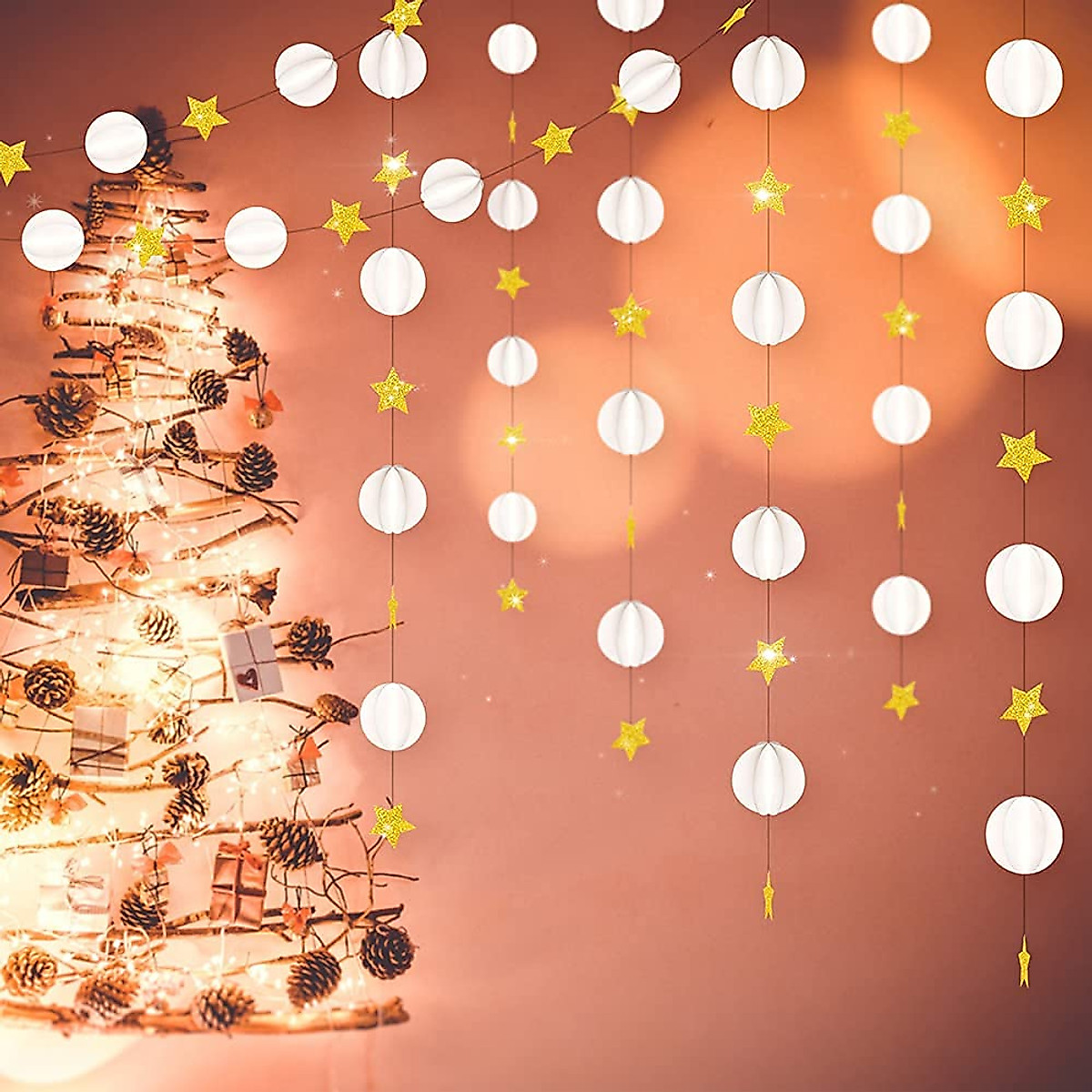 HappyField White Gold Baby Shower Decorations 2Pcs Glitter Gold Star White 3D Circle Garland Rustic Baby Shower Decorations Birthday Party Decorations Wedding Decorations Bridal Shower Decorations