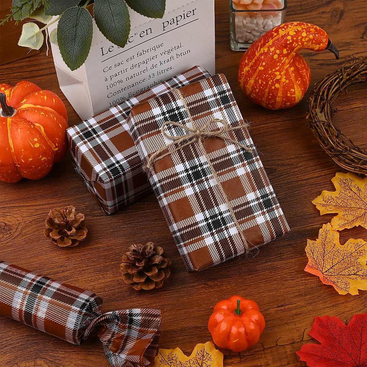 Bolsome 100 Sheets 20 * 14 Inches Brown Buffalo Plaid Gift Wrapping Paper Vintage Fall Tissue Paper for Gift Bags Rustic Art Tissue Paper for Birthday Thanksgiving Day Autumn Holidays Party DIY Craft