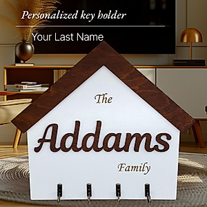 House Warming Presents for New Home, Home Sweet Home Wooden Key Rack, Personalized Key Holder for Wall, Custom Key Hanger with Family Name, Wedding Gifts for Couple, House Warming Presents for New Hom