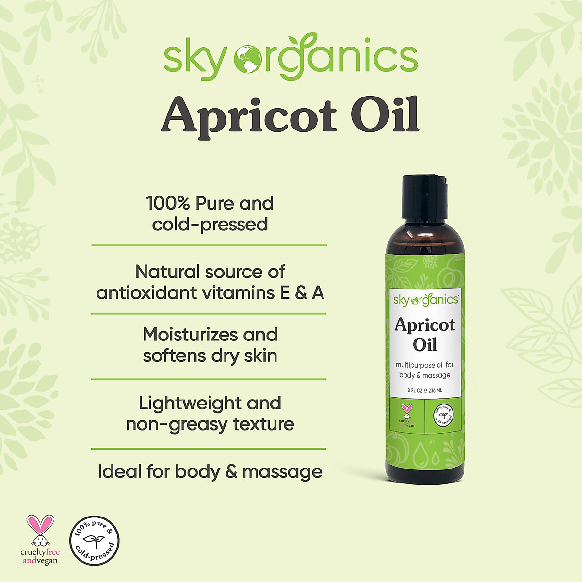 Sky Organics Apricot Oil for Body, 100% Pure & Cold-Pressed to Moisturize, Soften & Nourish, 8 fl. Oz