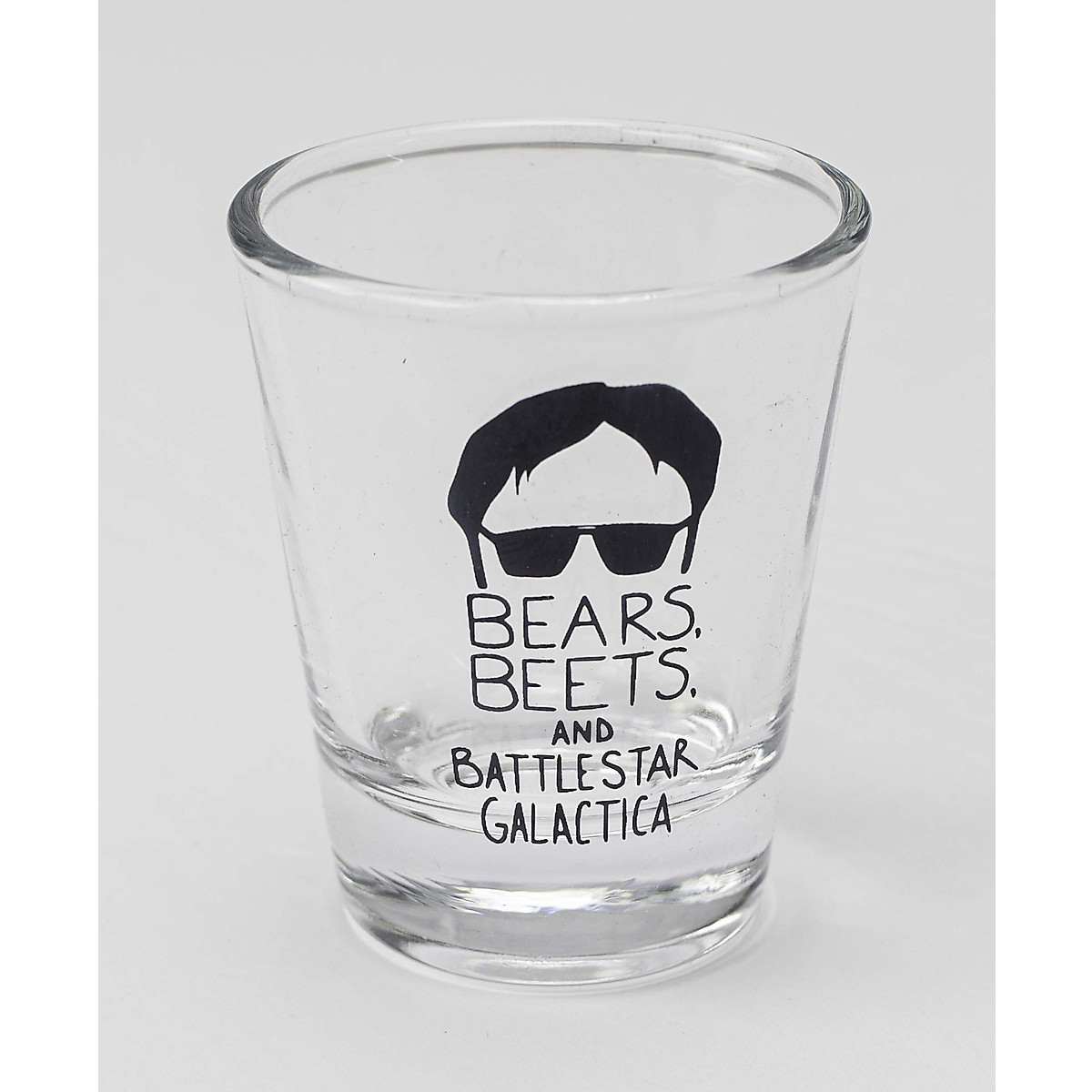 The Office 4 Piece Shot Glass Set (Dunder Mifflin, Prison Mike, Schrute Farms, and Bears, Beets, Battlestar Galactica))