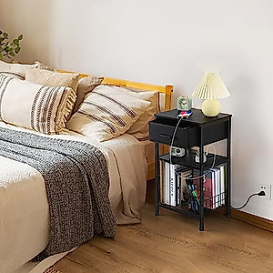 Black Night Stand with Charging Station, Small Bedside Tables with Storage Shelf for Small Spaces, Industrial End Table with Fabric Drawer for Living Room, Bedroom, Office