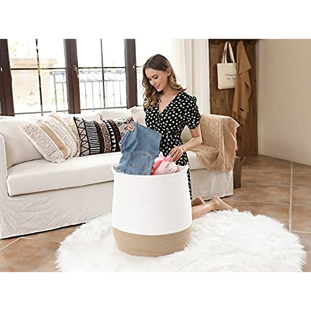 20" x 20" x 20" Extra Large Round Storage Basket, Cotton Rope Storage Baskets, Woven Laundry Hamper, Baby Toy Storage Bin, Toys Clothes Blankets Basket in Living Room, Baby Nursery, White/Jute Bottom