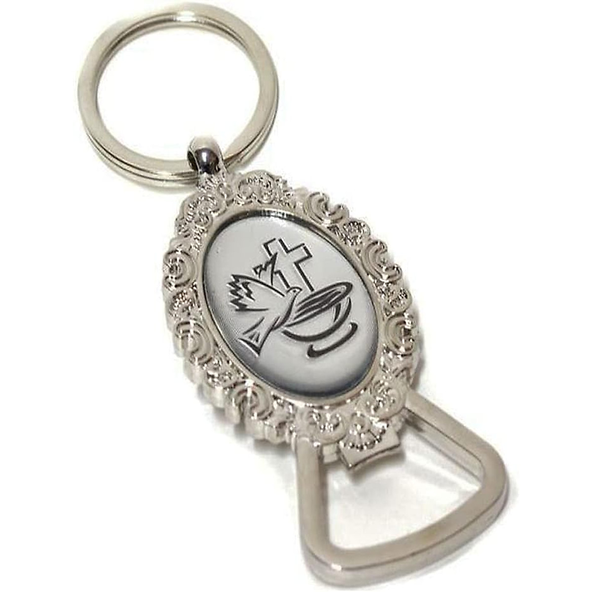 VL Communion Keychain Bottle Opener Holy Cup Dove Bird with Cross Party Favor Recuerdor De Mi Bautizo - 12PCS