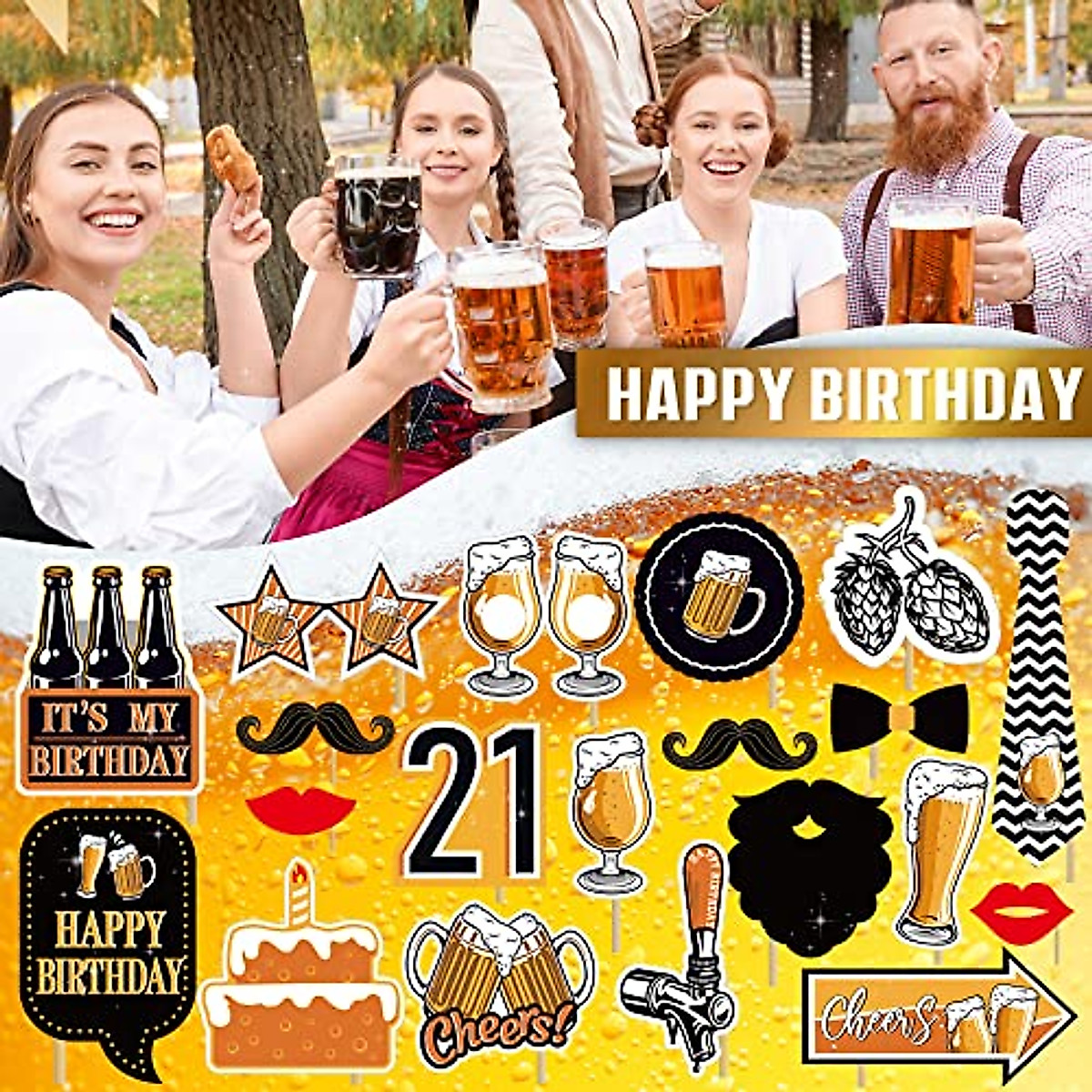 21st birthday decorations for him men - (60pcs) black gold party Banner, 40 Inch Gold Number Balloons,21st Sign Latex Balloon,Fringe Curtains and cheers to you Foil Balloons,Hanging Swirl,photo props