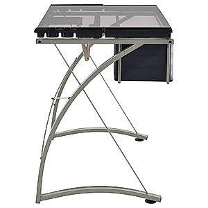 Coaster Home Furnishings Melo Modern Drafting Table for Office Drawing Desk Adjustable Angle Top Smoked Tempered Glass Top with Reversible Drawers Steel Frame Silver 800986