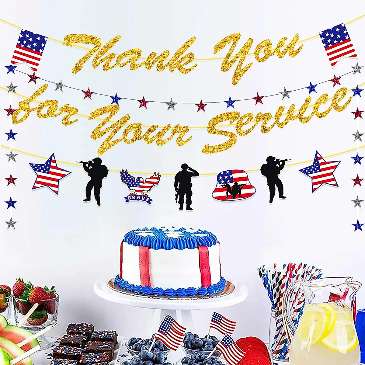 Veterans Day Banner, Veterans Day Decorations Thank You for Your Service Banner, Memorial Day Patriotic Party Military Decorations, Glitter Thankful Banner Garland Backdrop Patriotic Party Supplies