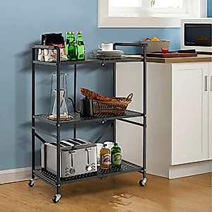 Tangkula 3-Tier Foldable Storage Shelves, Steel Storage Rack with 2 Handles, 4 Caster Wheels and Hook Buckle, Collapsible Utility Cart for Garage Kitchen, 3-Shelf Metal Shelving Units (1, Black)