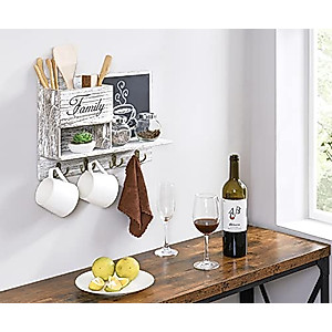 BEWISHOME Key Holder for Wall Decorative Mail Organizer Wall Mount with 4 Double Key Hooks, Wood Mail Holder with Shelf, Drawer, Chalk, Rustic Farmhouse Wall Shelf with Hooks, White, YYJ01W
