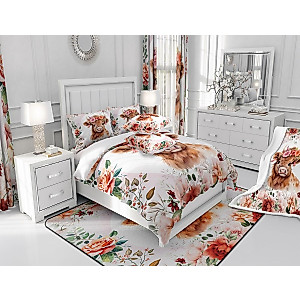 Feelyou Cute Highland Cow Bedding Set Queen Size Kids Cartoon Animal Comforter Cover Set for Boys Girls Teens Flower Floral Print Duvet Cover Farm Zoo Garden Theme Bedspread Cover (No Comforter)