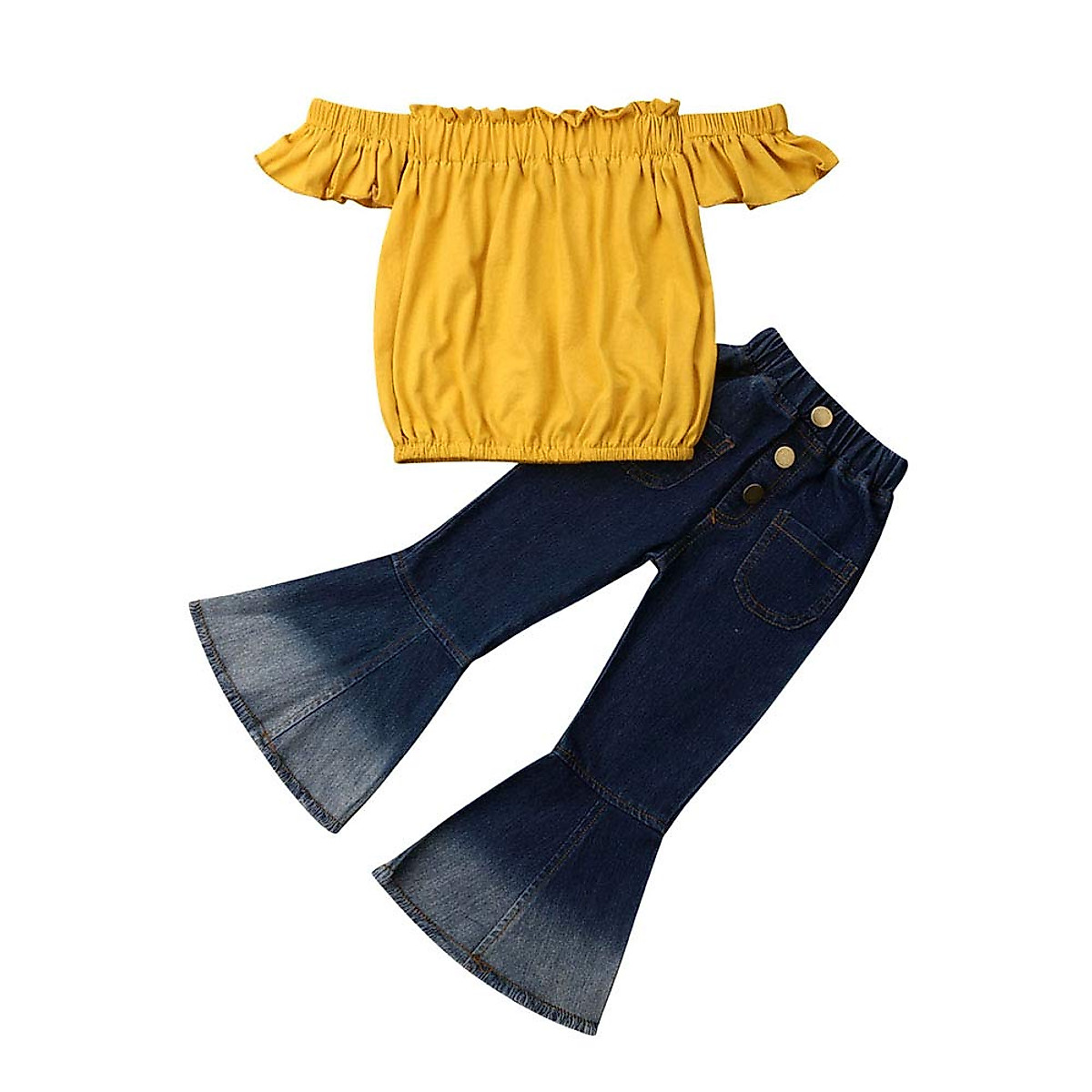 Toddler Baby Girl Clothes Off Shoulder Tube Top Shirt Bell Bottom Jeans Pants Summer Outfits (Yellow top, 4-5T)