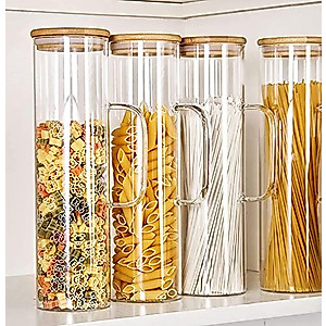 Yiozoi Bamboo Covered Noodle Storage with Handle, High Borosilicate Glass Sealed Kitchen Pasta Food Container