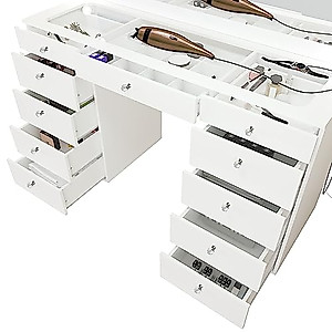 Boahaus Orla Modern Makeup Vanity Desk with Light Bulbs Built-in, USB Port and Power Outlet, 11 Drawers, Hollywood Vanity Mirror, Glam Glass Top Vanity, Crystal Ball Knobs, Big Vanity for Bedroom