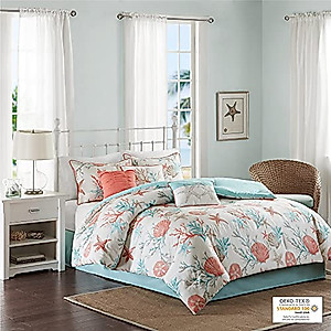 Madison Park 100% Cotton Comforter Set - Coastal Coral, Starfish Design All Season Down Alternative Cozy Bedding with Matching Shams, Decorative Pillow, King(104"x92"), Teal 7 Piece
