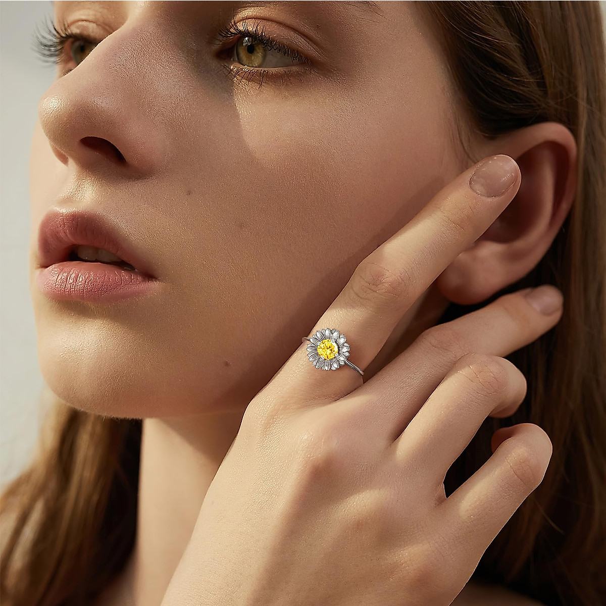 Cezentiy Sunflowers Ring 925 Sterling Silver Jewelry Daisy Ring Zirconia Stacking Ring for Women Girls Gift Size 6 to 9 (white golden, 7)