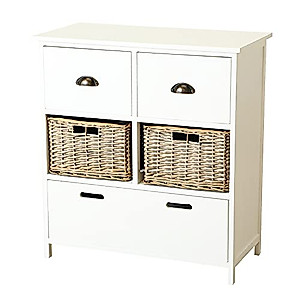 WHW Whole House Worlds Hamptons Decorative Accent Chest with 3 Baskets, Bin Pull Hardware, White, Brown Willow Wicker, Solid Wood, MDF, 13.75 L x 28.0 W x 30.25 H inches, 19.75 lbs