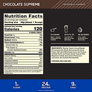 Optimum Nutrition Gold Standard 100% Micellar Casein Protein Powder, Slow Digesting, Helps Keep You Full, Overnight Muscle Recovery, Chocolate Supreme, 1.87 Pound (Packaging May Vary)