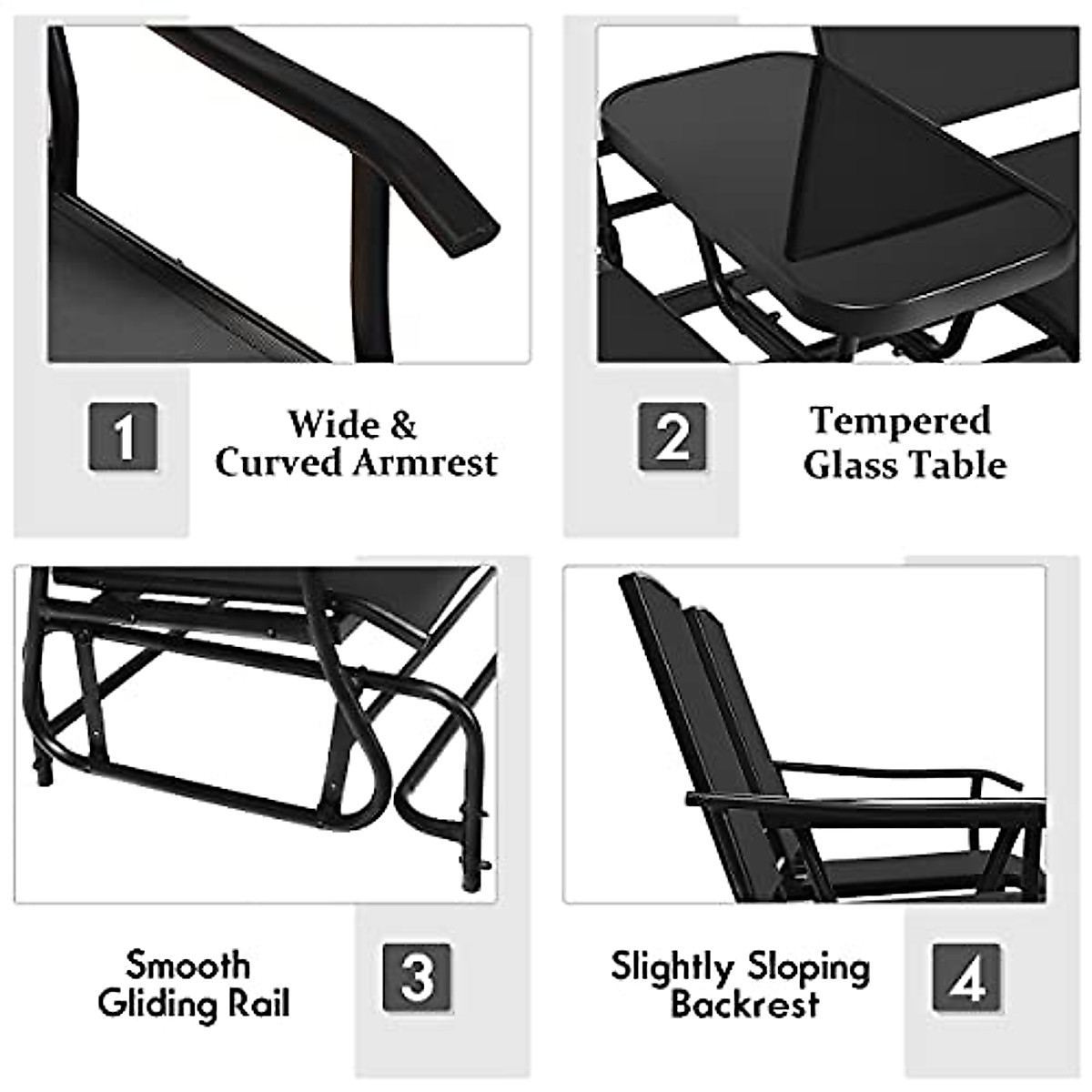 Giantex Patio Bench Glider Chair with Metal Frame, Center Tempered Glass Table, Outside Double Rocking Swing Loveseat for Porch, Garden, Poolside, Balcony, Lawn Rocker Outdoor Glider Bench(Black)