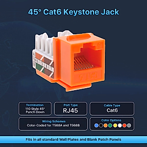 SATMAXIMUM Cat6 Keystone Ethernet Wall Jack Punch Down UTP 45-Degree (Easier Termination Than 90-Degree), RJ45 Slim Profile Speed Termination Orange - 45° Angled (30 Pack)