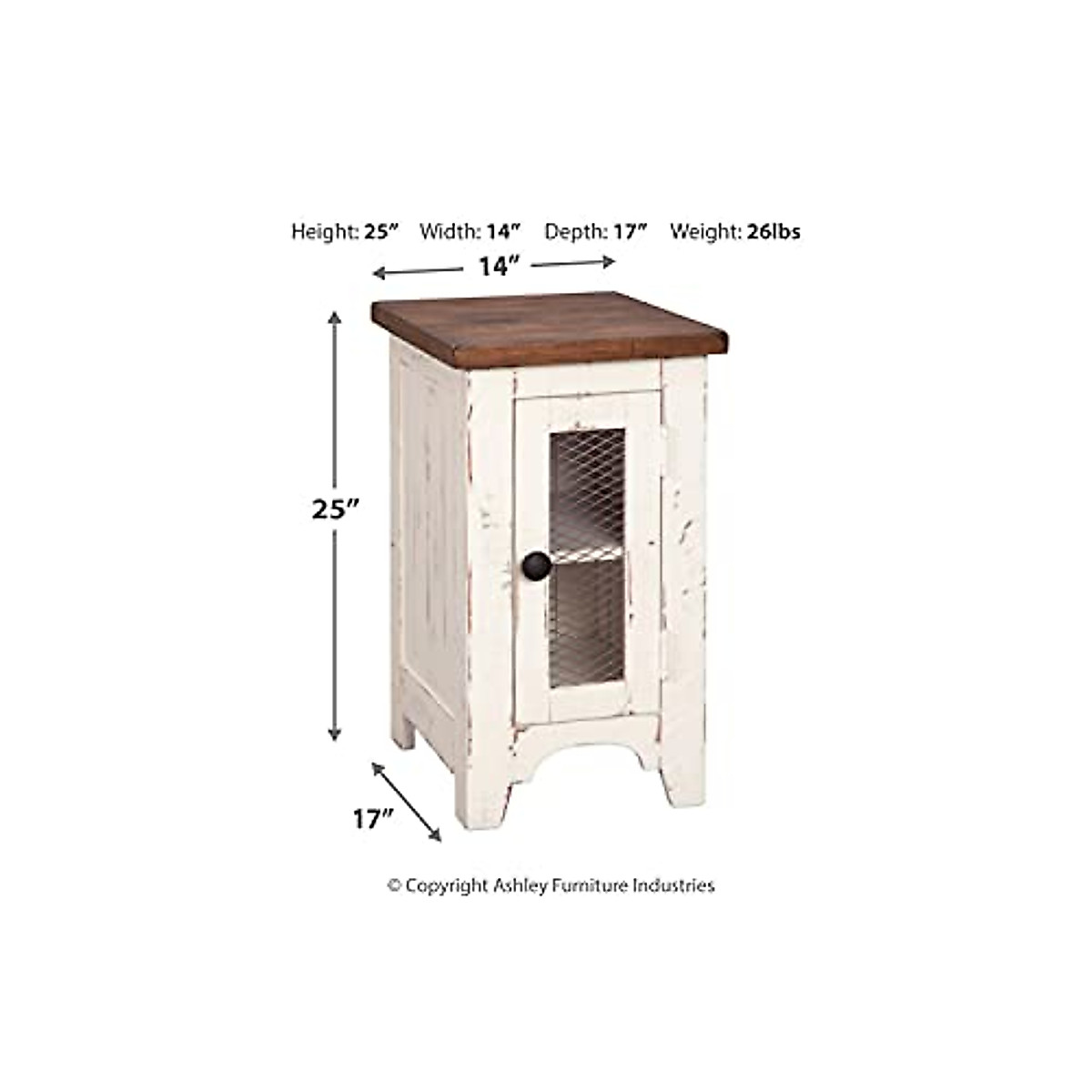 Signature Design by Ashley Wystfield Farmhouse Chair Side End Table with Cabinet Door for Storage, White & Brown with Distressed Finish