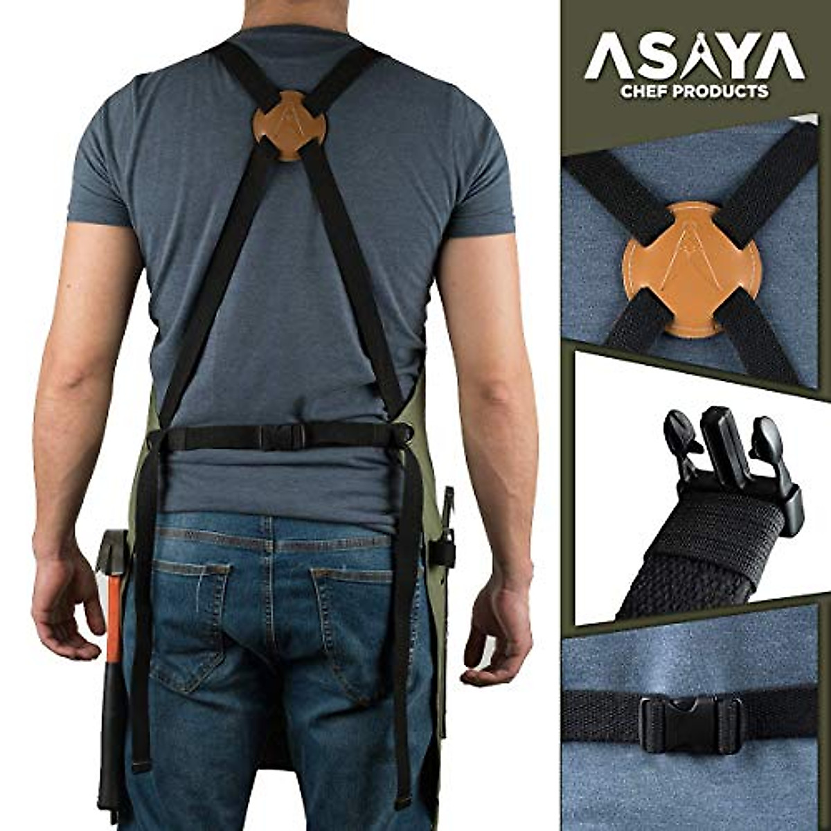 Asaya Chef, BBQ and Work Apron with Bottle Opener and Hand Towel - Durable 10oz Cotton Canvas, Brass Hardware and Cross Back Straps - For Men, Women, Grilling, and Cooking (Green)
