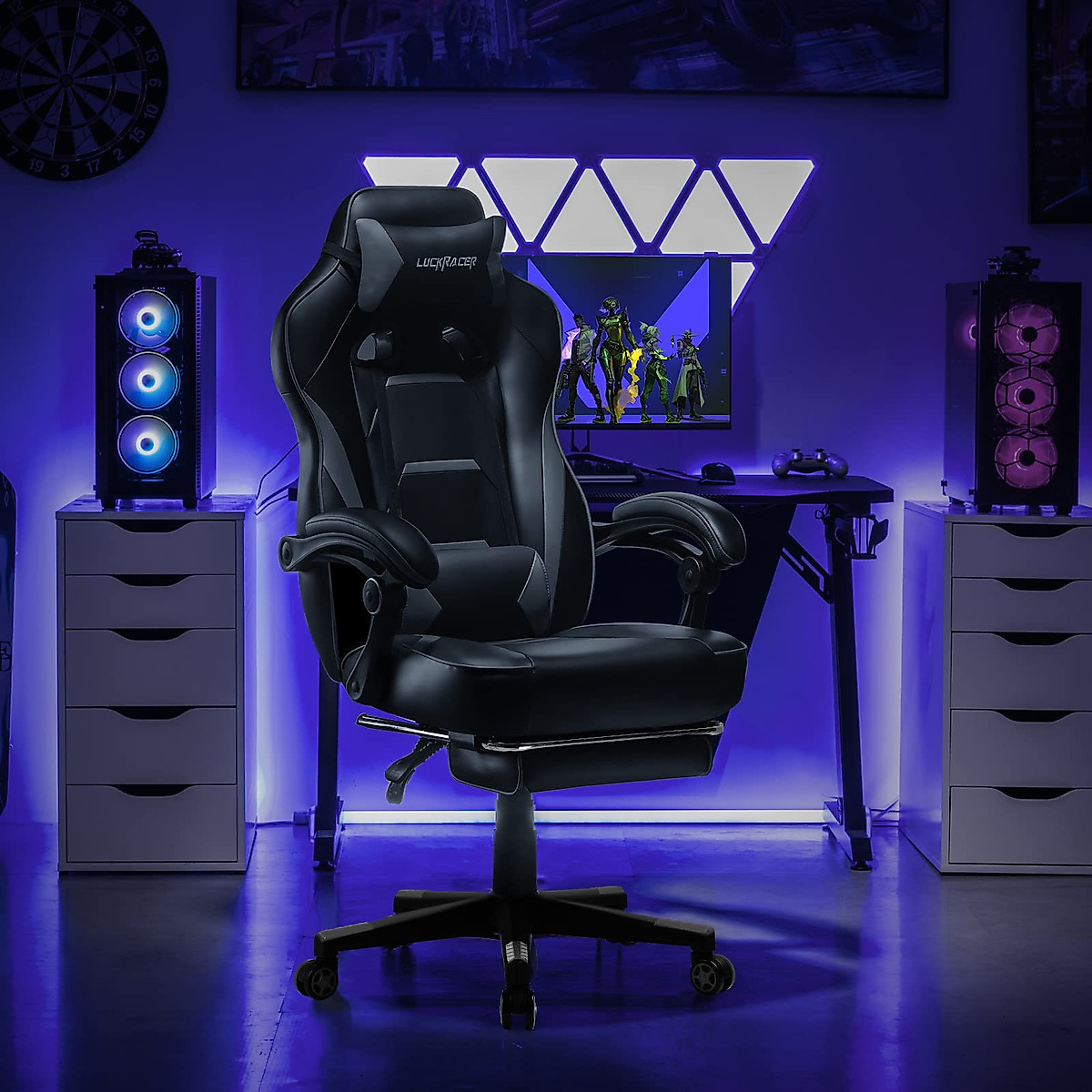 LUCKRACER Gaming Chair with Footrest Office Desk Chair Ergonomic Gaming Chair Pu Leather High Back Adjustable Swivel Lumbar Support Racing Style E-Sports Gamer Chairs Gray