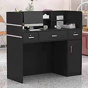 AGOTENI Reception Desk Reception Stations with Open Shelf & Drawers, Wooden Counter Desk with Lockable Drawer for Office Reception Room (Black)