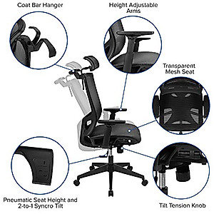 Flash Furniture Ergonomic Mesh Office Chair with Synchro-Tilt, Pivot Adjustable Headrest, Lumbar Support, Coat Hanger and Adjustable Arms in Black