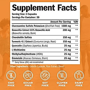 Glucosamine Chondroitin MSM Turmeric Boswellia - Joint Support Supplement. Antioxidant Properties. Helps with Inflammatory Response. Occasional Discomfort Relief for Back, Knees & Hands. 90 Capsules