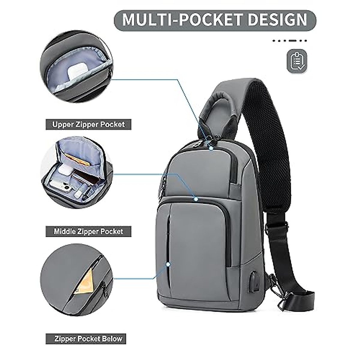 Grey Sling Bag for Men Women, Small Anti Theft One Strap Motorcycle Backpack Sling Tactical Chest Bag for Swimming Diving Outdoor Sports