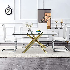63 Inch Glass Dining Table,4-6 Person Home Dining Table Large Size Kitchen and Dining Room Table with Tempered Glass top and Gold Metal Legs, Modern Rectangular Dining Table (Gold Legs