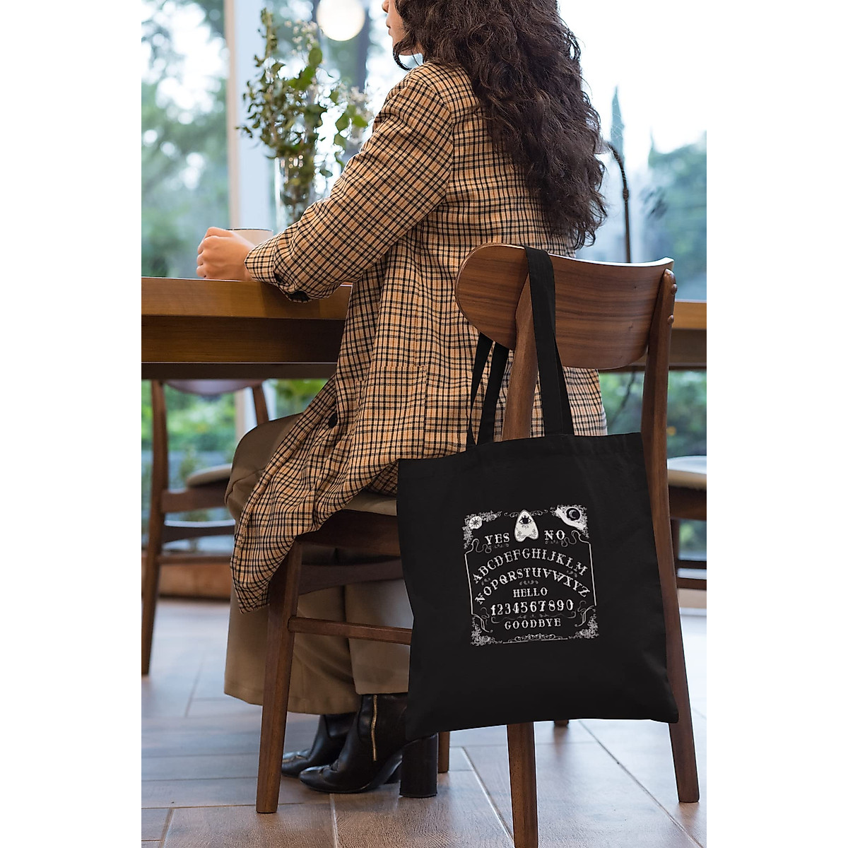 Pop Threads Ouija Board Seance Spirit Board Design Goth Gothic Black 15x15 inches Large Canvas Tote Bag