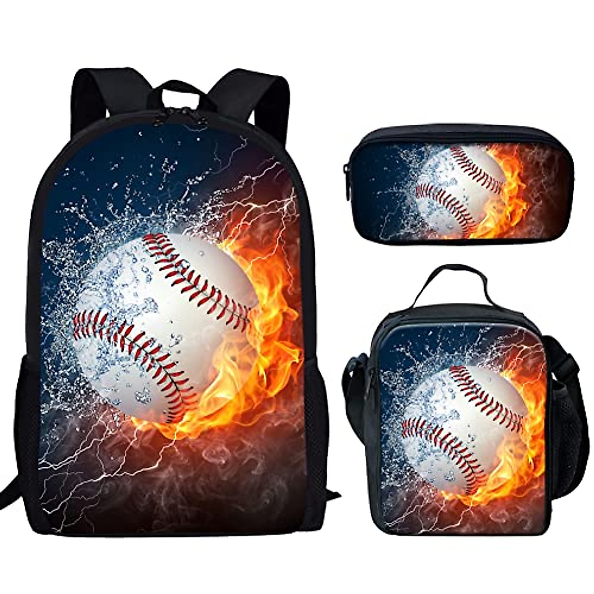 TOADDMOS Fire Water Baseball Kids Backpacks Boys School Bookbags Large Capacity Preschool Bookbag Set with Lunch Box and Pencil Case, Children School Bag Set