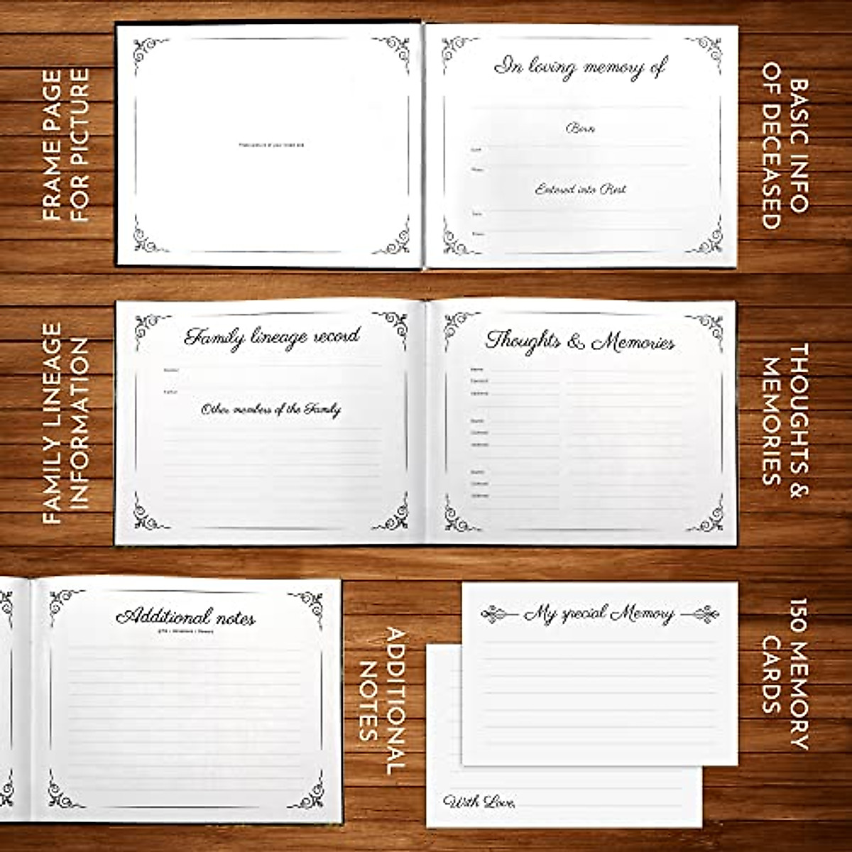 Funeral Guest Book with Custom Black and Real Silver Design, Guest Book for Funeral with 150 Memory Cards and Metal Signature Pen, Funeral Guest Book for Memorial Service with a Memory Table Sign