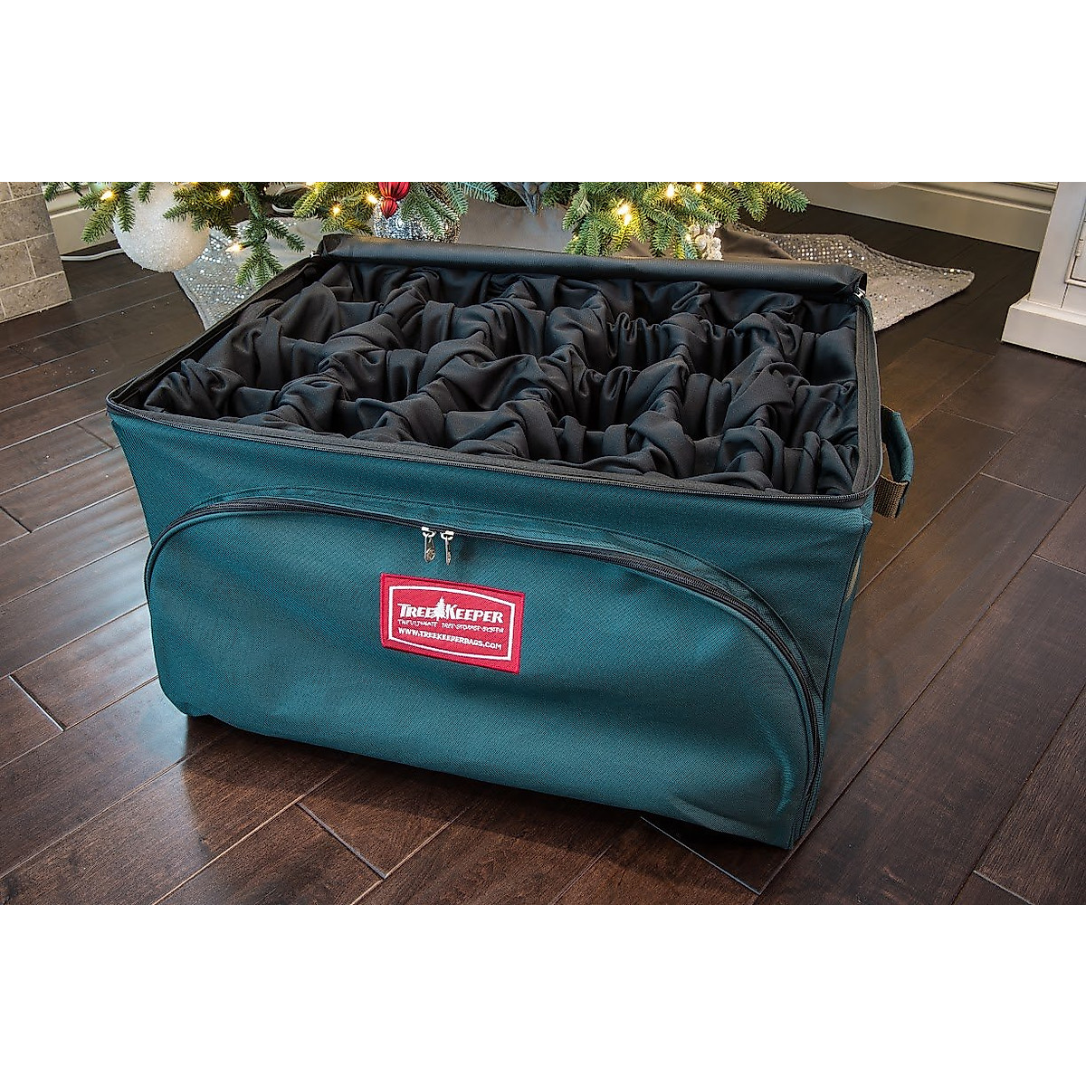 Deluxe Christmas Ornament Storage Box - Holds 48 Ornaments up to 6 Inches Tall by Any Width/Length, 2 Removable Trays with Moving Dividers