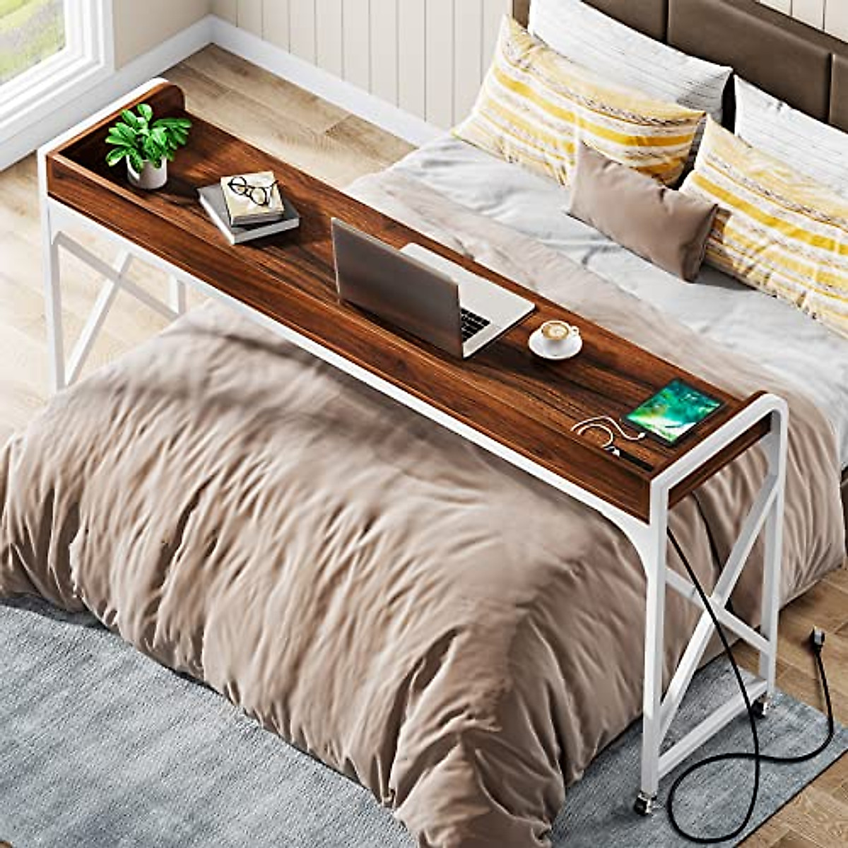 Tribesigns Over Bed Table with Wheels, 70.8" Overbed Desk with Outlet & USB, Mobile Queen Size Bed Table with White Metal Legs for Bedroom, Rolling Tray Table for Living Room, Hospital, Dark Walnut