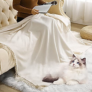 ZonLi Cream Throw Blanket Lightweight Herringbone Throw Blankets for Couch Ivory Beige Boho Throw Blanket Decorative Knitted Blankets with Tassels Fringe for Bed Outdoor 55'' x 75''