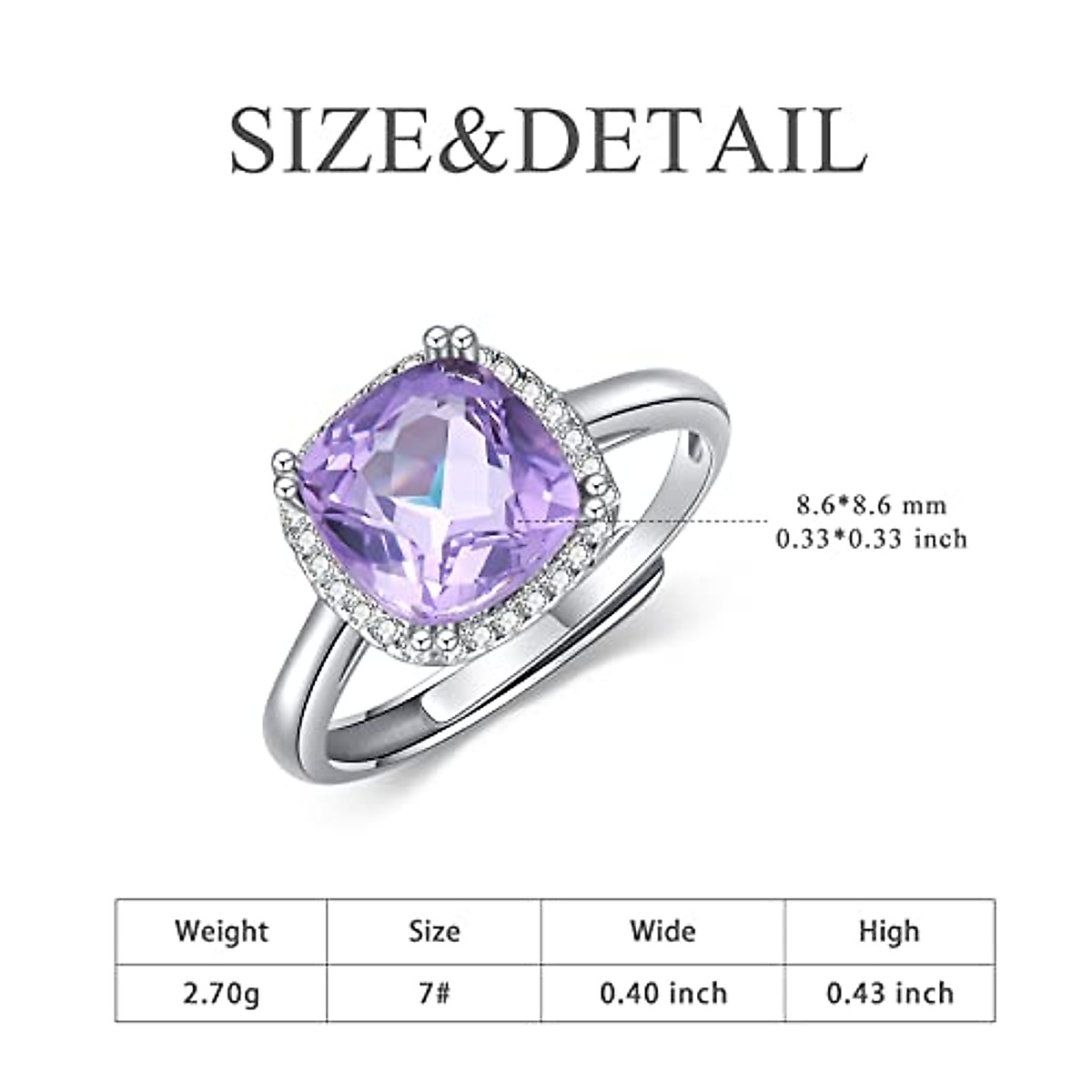 VONALA Amethyst Ring 925 Sterling Silver Amethyst Rings for Women Adjustable Purple Rings Amethyst Jewelry Gift for Women Birthday Size 6-8