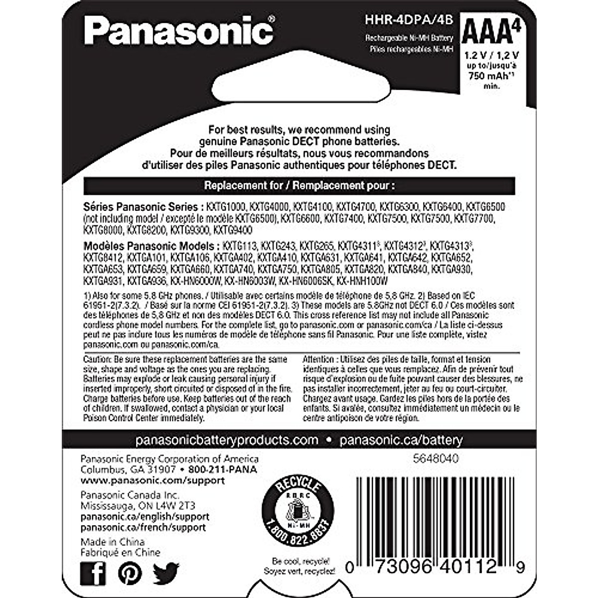 Panasonic Genuine HHR-4DPA/4B AAA NiMH Rechargeable Batteries for DECT Cordless Phones, 4 Pack