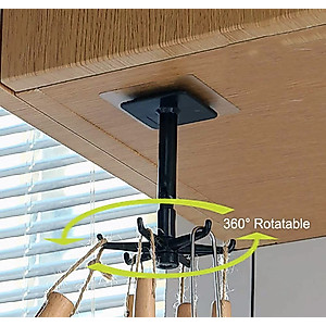 Fengirl Kitchen Utensil Hanger with 6 Hooks, Under Cabinet Utensil Holder Hanger Hook for Kitchen and Bathroom, 360° Rotatable Space Saving No Drilling Nail Free Organizer Hook, 2 Pack (Black)