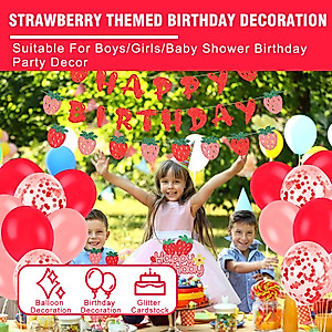 Strawberry Birthday Party Decoration Set Strawberry Happy Birthday Banner Strawberry Cake Toppers, Strawberry Balloons for Little Cutie Baby Shower Girls Party Decor Strawberry Themed Party Supplies