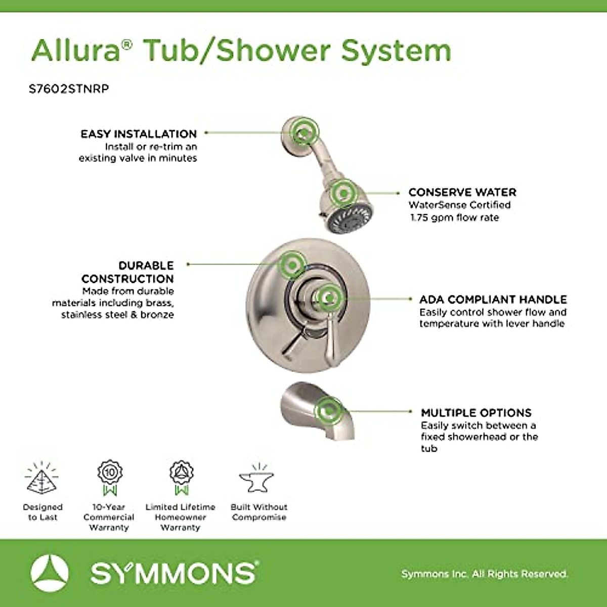 Symmons S7602STNRP Allura tub/shower system with secondary integral volume control, Satin Nickel