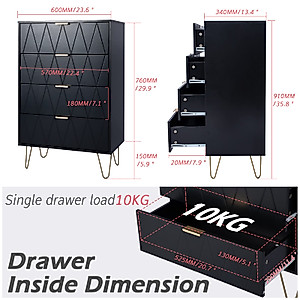 UEV 4 Drawer Dresser,Chest of Drawers,Wooden Dresser with 4 Metal Legs,Tall Dresser with Anti-Tipping Device,Dresser Set for Bedroom,Living Room (Black)