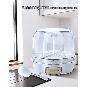 WOWFUNNY Grain Dispenser, 7.2 Qt Rotating Rice Dispenser Storage Container, 6-Compartment Dry Food Dispenser with Measuring Cup, Food Storage Containers for Kitchen Small Grains, Beans, Rice (7.2Qt)