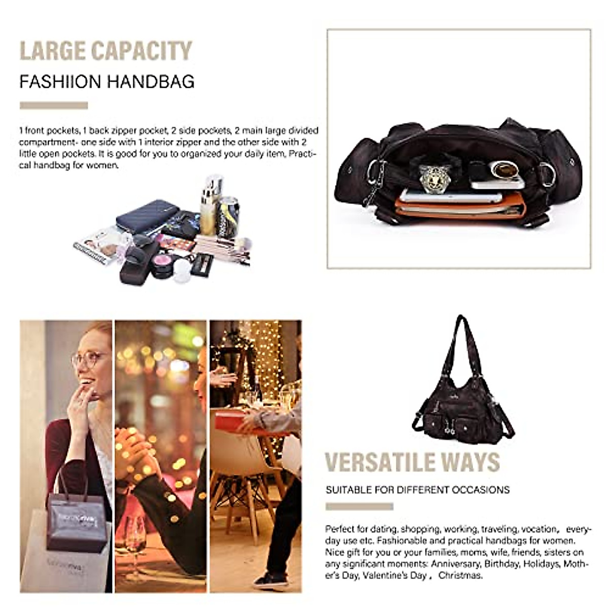 Angel Kiss Handbags for Women Hobo Bags for Large Tote Bag Soft PU Leather Multi-Pocket Shoulder Bag Top Handle Handbag