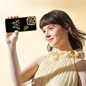 Petitian for iPhone 14 Pro Max Case, Cute Women Girls Gold Designed Butterflies Phone Cases for iPhone 14 Pro Max, Girly Gold Plating Phone Cover for 14 Pro Max with Camera Protector Black